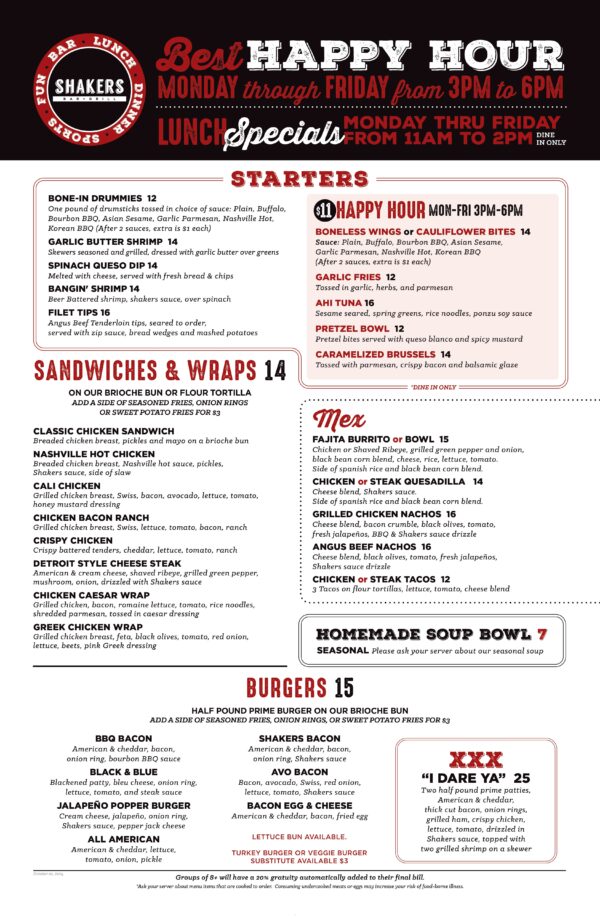 Dinner Menu | Enjoy Dinner & Drinks | Shakers Bar and Grill