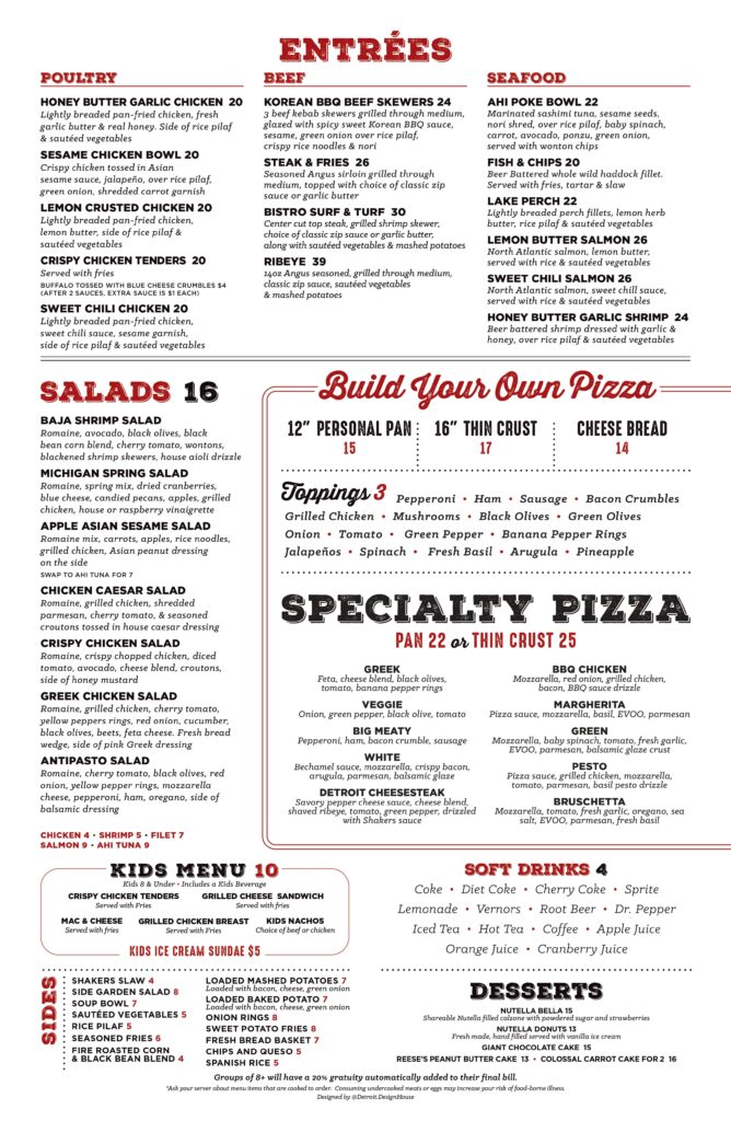 Carry Out Menu | Pizza, Seafood, Brunch | Shakers Bar & Grill