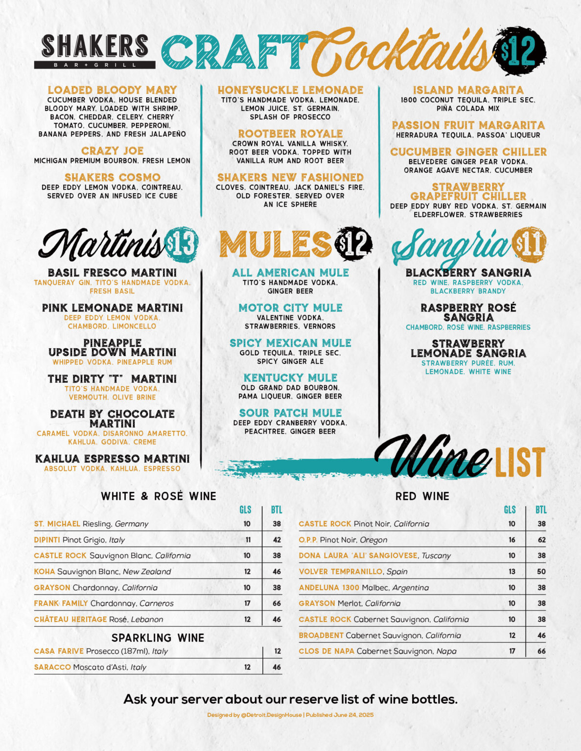 Special Drinks Menu - Shakers Bar and Grill, Canton, Wixom, MI