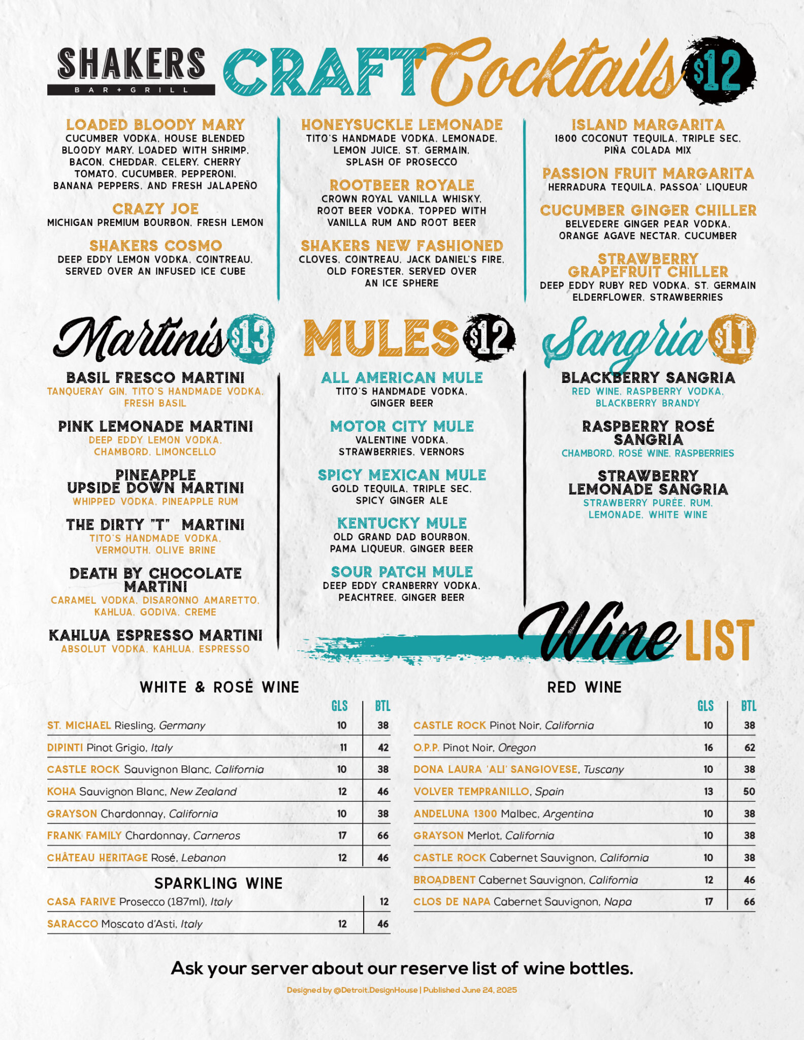 Special Drinks Menu - Shakers Bar and Grill, Canton, Wixom, MI
